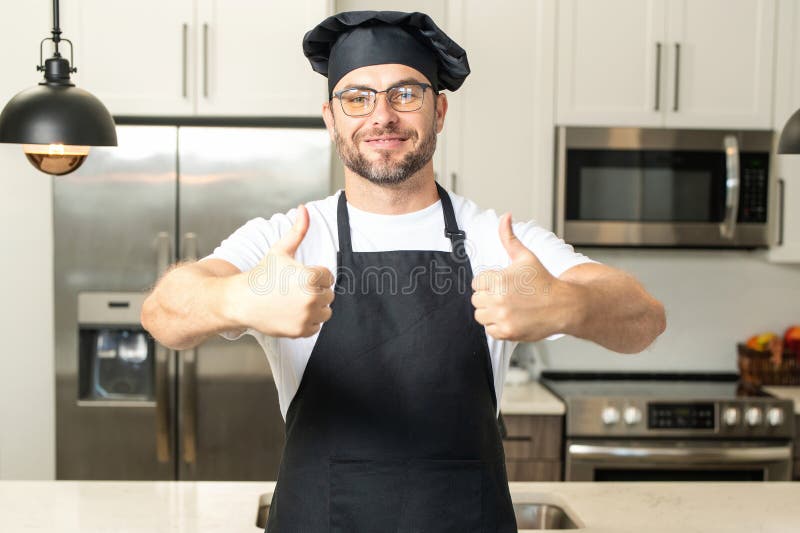 Happy Chef Cook with Thumb Up. Man in Chef Hat Cooking on Kitchen ... Happy Chef Cook with Thumb Up. Man in Chef Hat Cooking on Kitchen ...