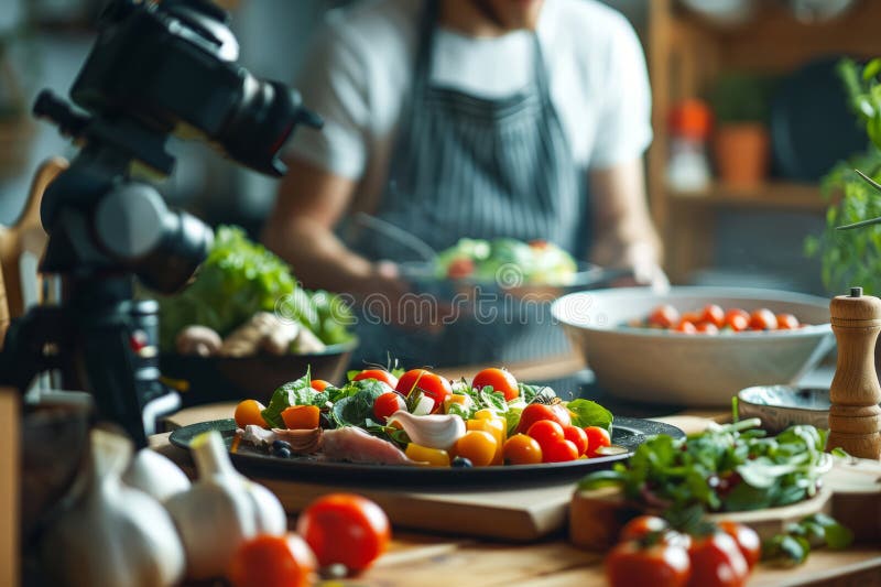 Happy Chef Cooking in the Kitchen with a Professional Camera ...