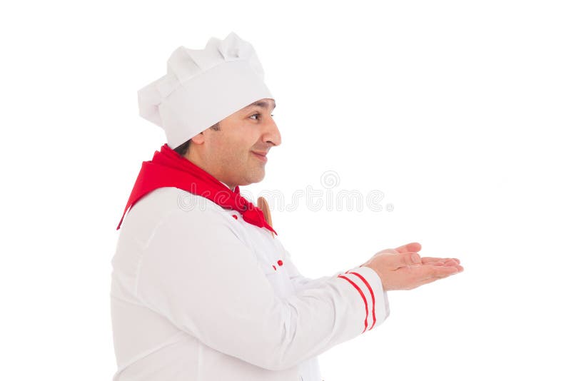 Happy Chef Holding Something Wearing Red White Uniform Stock Photos ...