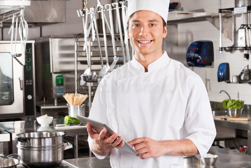 Happy Chef Holding Tablet Computer Stock Photo - Image of service ...