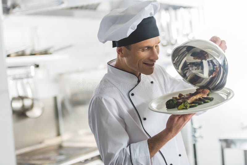 Happy Chef Looking at Cooked Meal Stock Image - Image of cafe, cookery ...
