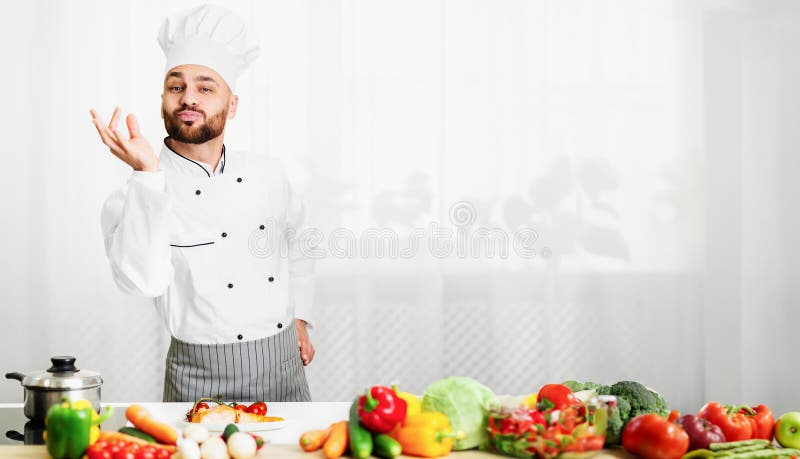 Happy Chef Man Gesturing Approving Taste Standing in Restaurant Kitchen ...