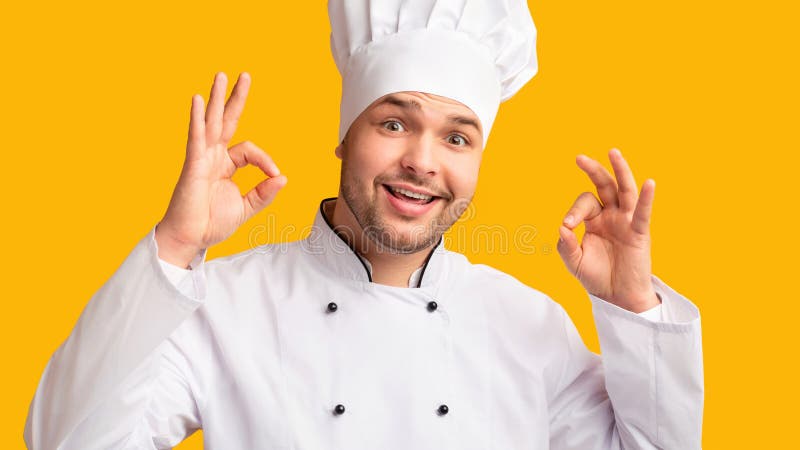 Happy Chef Man Gesturing Ok Standing on Yellow Background, Panorama ...