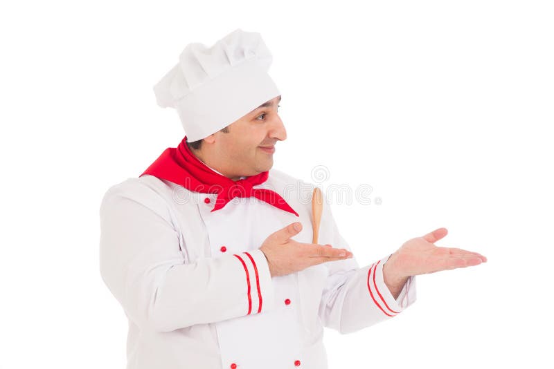 Happy Chef Showing Something Wearing Red White Uniform Stock Photos ...