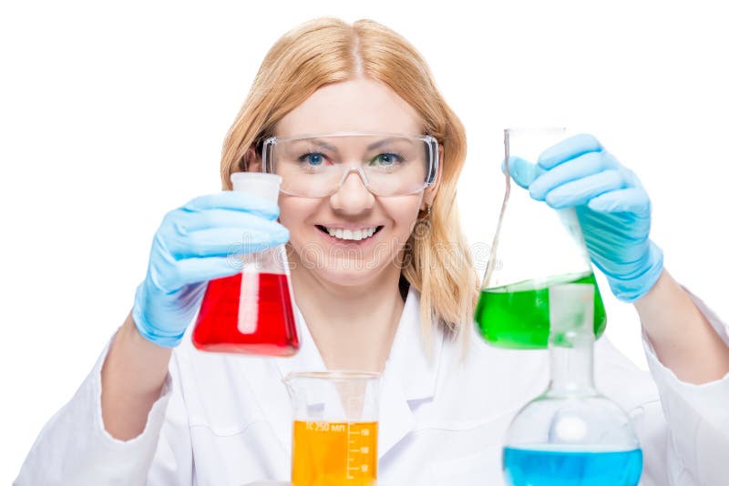 Happy Chemist in a Laboratory with Test Tubes and Flasks Stock Photo ...