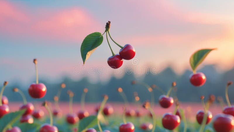 Happy Cherry Dancing in Cherry Field at Sunset Stock Photo - Image of ...