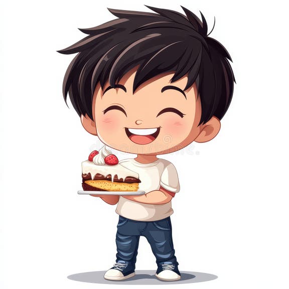 Happy Chibi Boy Holding Slice of Cake with Joy Stock Illustration ...