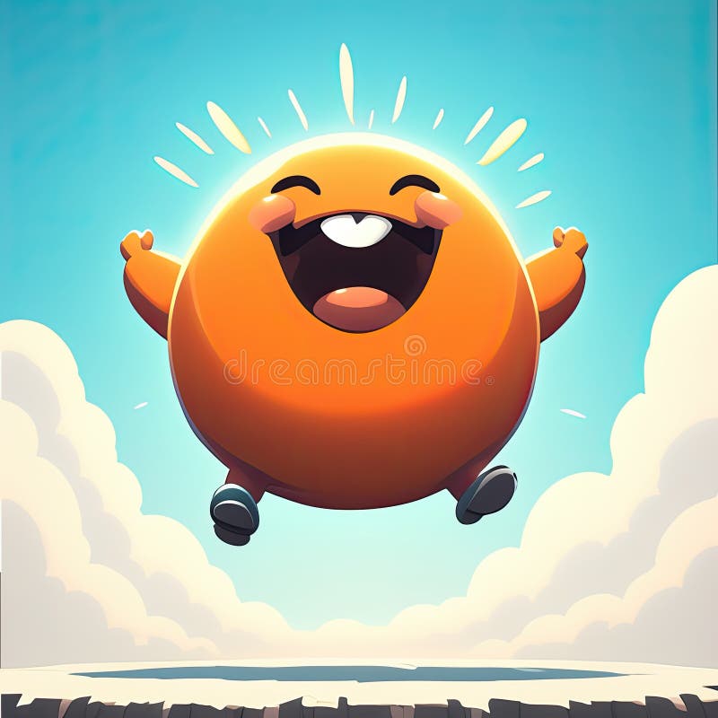 Happy Chibi Style Orange Character Jumping in Bright Sky with Clouds ...