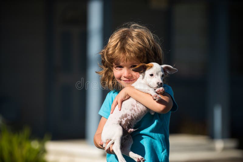Happy Child Boy Hugging Dog, Hug Friends. Stock Photo - Image of happy ...