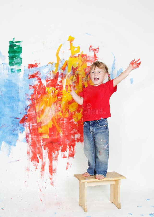 Curly Cute Little Toddler Girl Painting with Paints Color and Brush ...