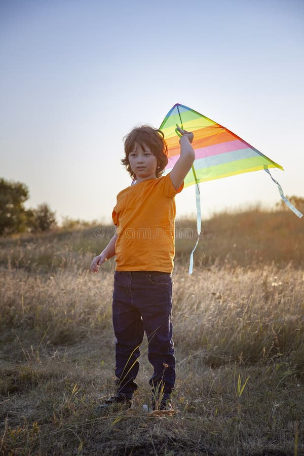 Happy Child Boy Play with a Kite Running on Summer Meadow Stock Image ...