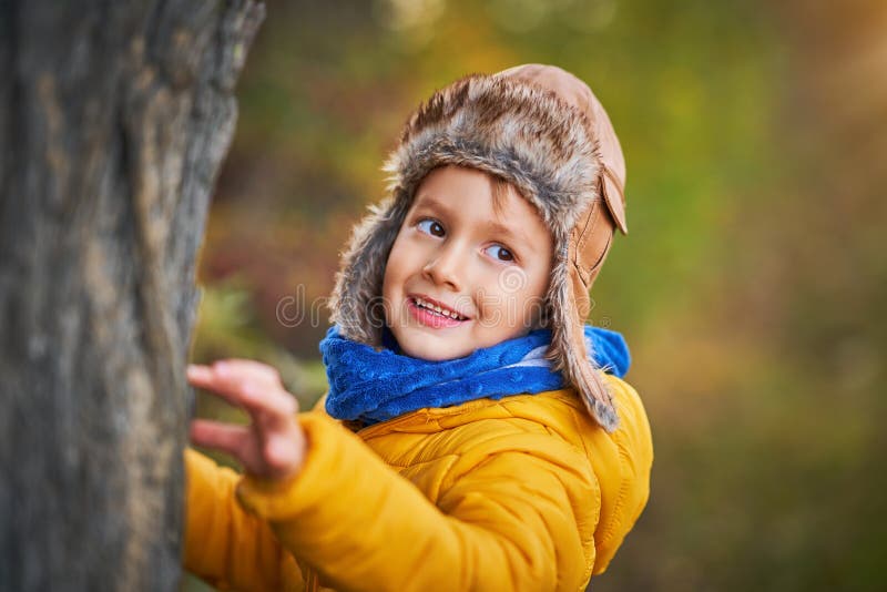 Happy Child Boy Playing Outside in Autumn Stock Image - Image of ...