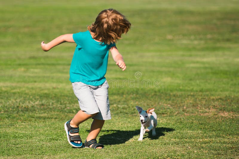 Happy Child Boy Run with a Dog Outdoor. Stock Image - Image of happy ...