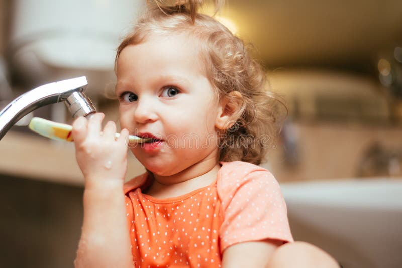 Happy Child Brushing His Teeth in the Morning in the Bath Stock Image ...