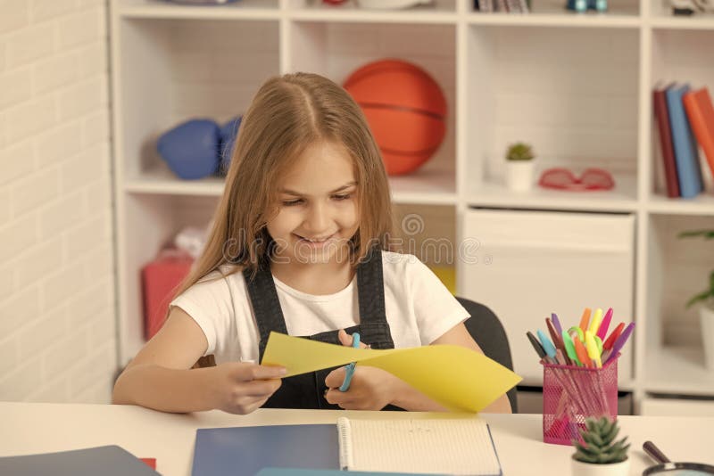 Happy Child Cut Paper in School Classroom Stock Image - Image of ...