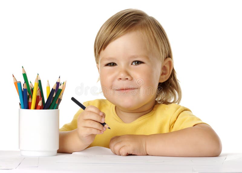 Happy Child Draw with Crayons Stock Image - Image of isolated ...