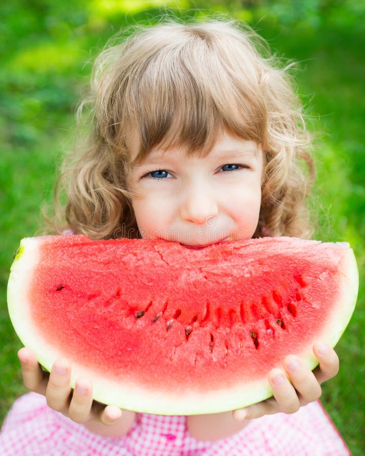 Happy Child Eating Watermelon Stock Image - Image of happy, holiday ...