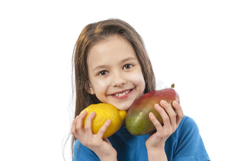 Happy child with fruits stock photo. Image of childhood - 140417794
