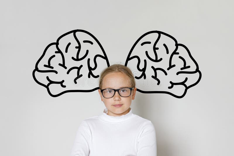 Happy Child Girl with Brain on White Background Stock Image - Image of ...
