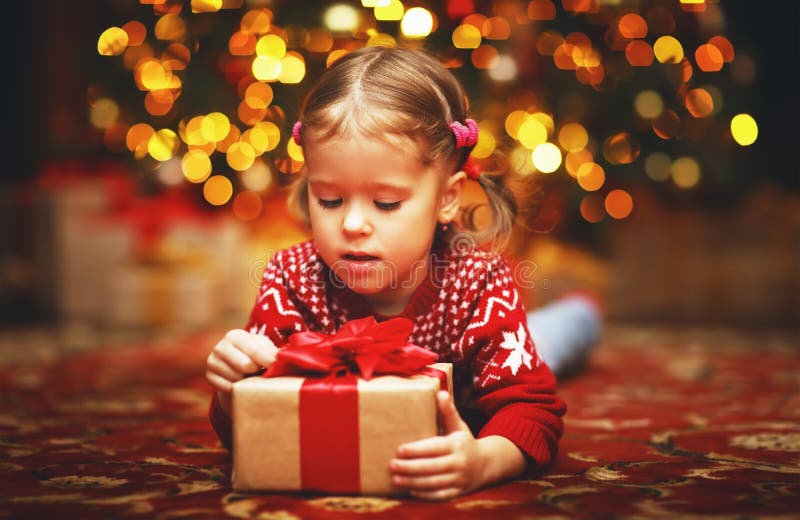 Happy Child Girl with Christmas Present Stock Photo - Image of ...