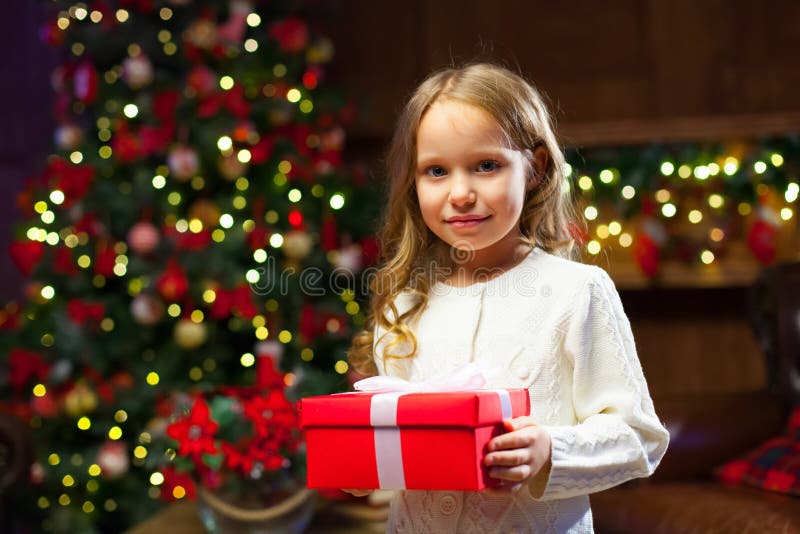Happy Child Girl with a Magic Christmas Gift Stock Image - Image of ...
