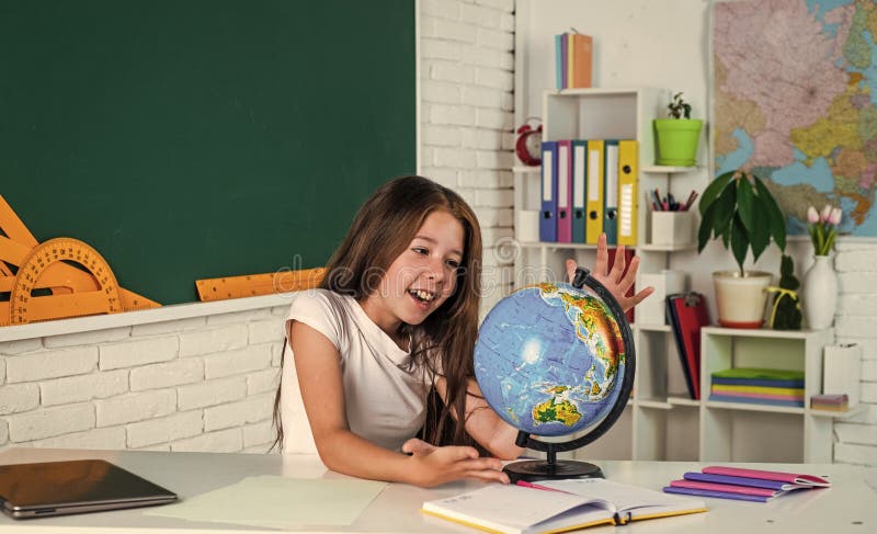 Happy Child Girl Study Geography with Globe at School, Learning Stock ...