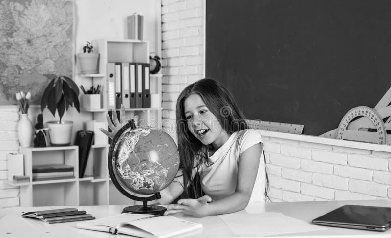 Happy Child Girl Study Geography with Globe at School, Learning Stock Image - Image of ...