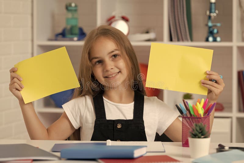 Happy Child Hold Paper in School Classroom. Copy Space Stock Image ...