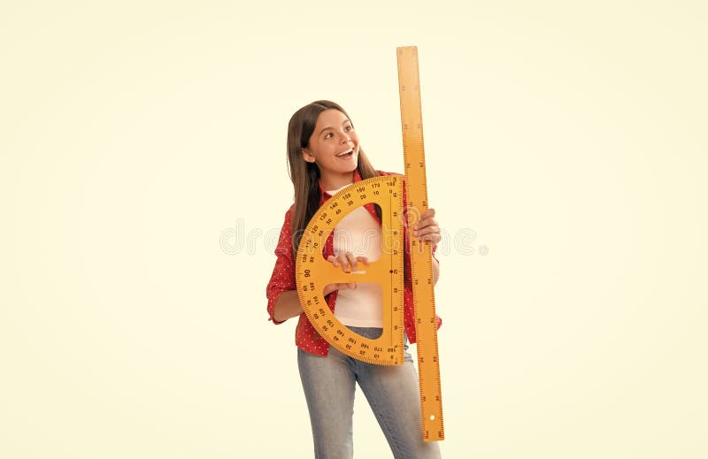 Happy Child Hold Protractor Ruler Study Algebra at School Isolated on ...