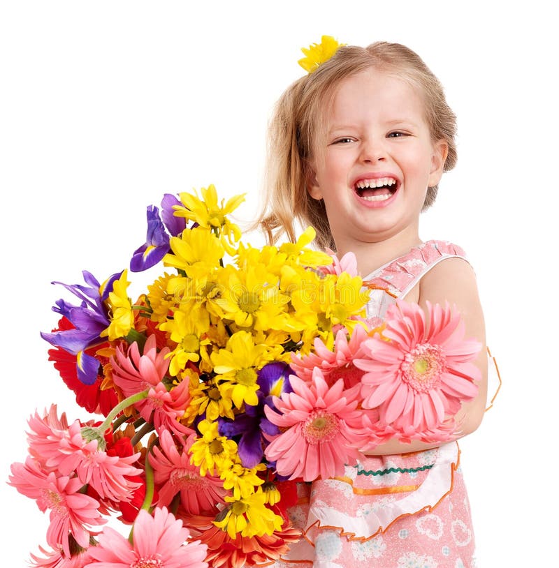 Happy Child Holding Flowers. Stock Photo - Image of isolated, bouquet ...