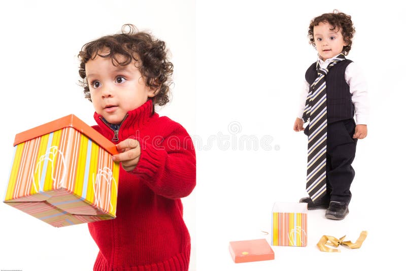Happy Child Holding a Present Set with Tie Stock Photo - Image of gift ...