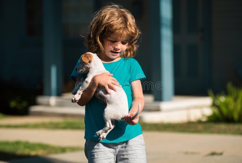 Happy Child Hugging a Dog, Boy with Pet. Stock Image - Image of lying ...