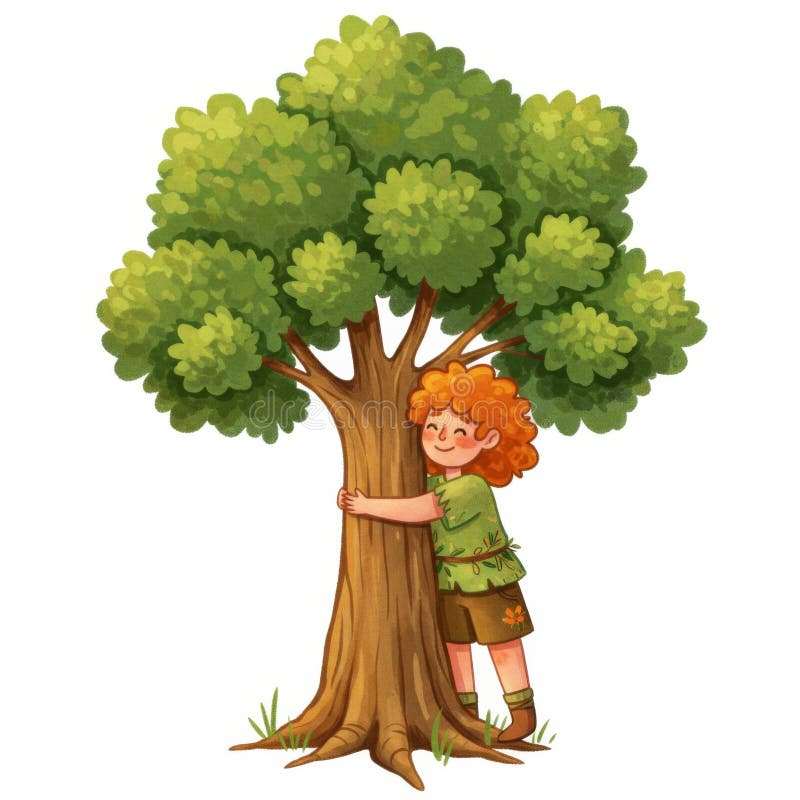 Happy Child Hugging a Large Green Tree Stock Illustration ...