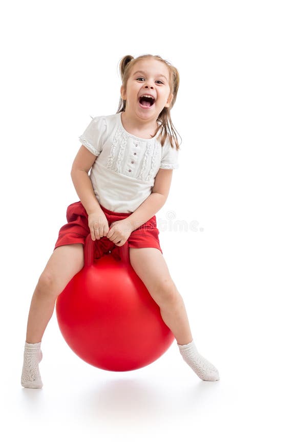 Happy Child Jumping on Bouncing Ball Stock Image - Image of joyful ...
