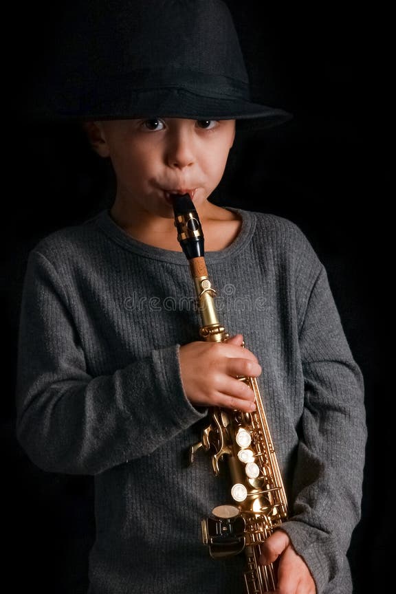 Happy Child Plays Saxophone in Studio Stock Image - Image of play ...