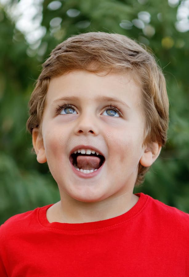 Happy Child with Red T-shirt in the Garden Stock Image - Image of ...