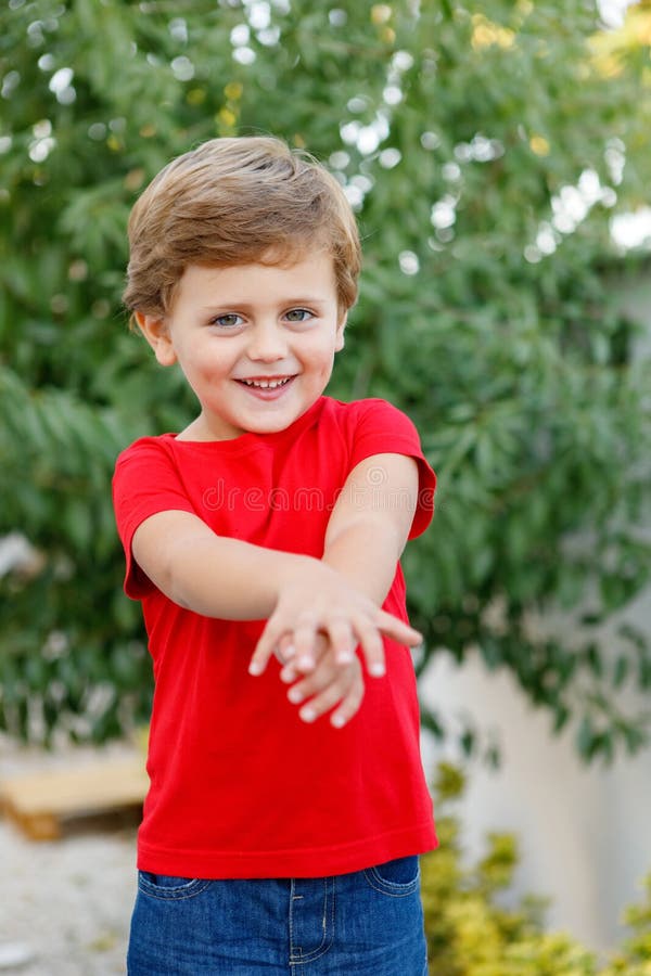 Happy Child with Red T-shirt in the Garden Stock Image - Image of ...