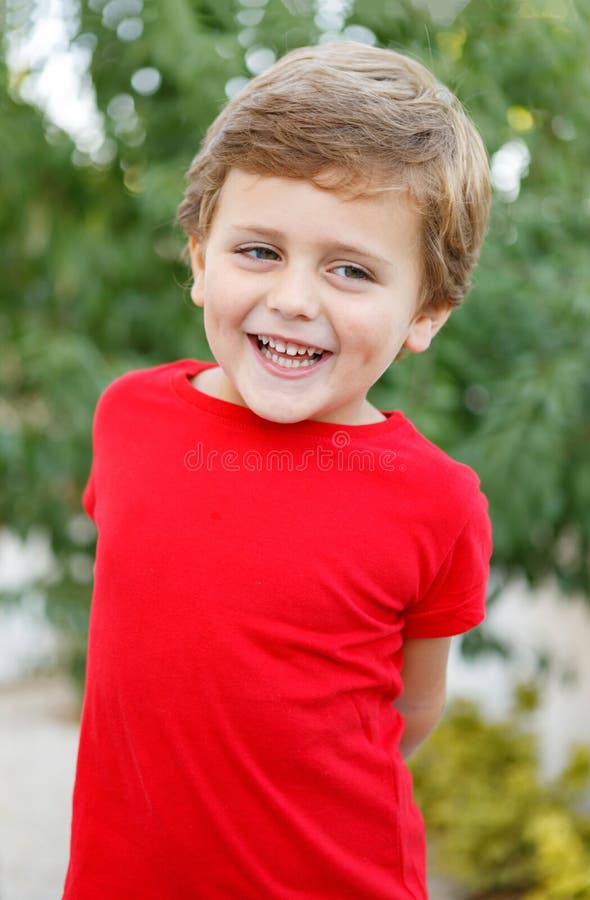 Happy Child with Red T-shirt in the Garden Stock Photo - Image of ...