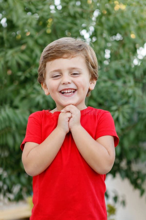 Happy Child with Red T-shirt in the Garden Stock Photo - Image of ...