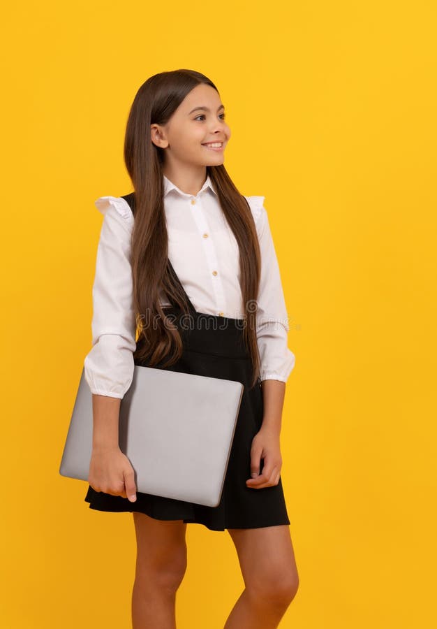 Happy Child in School Uniform Hold Computer, Education Stock Image ...