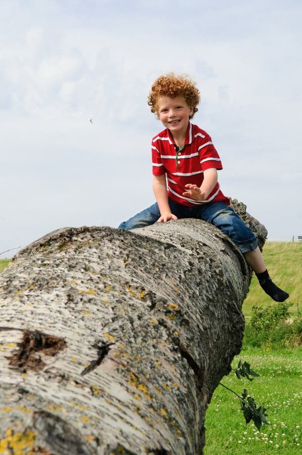 Happy Child Sitting on Tree Trunk Stock Photo - Image of adorable ...