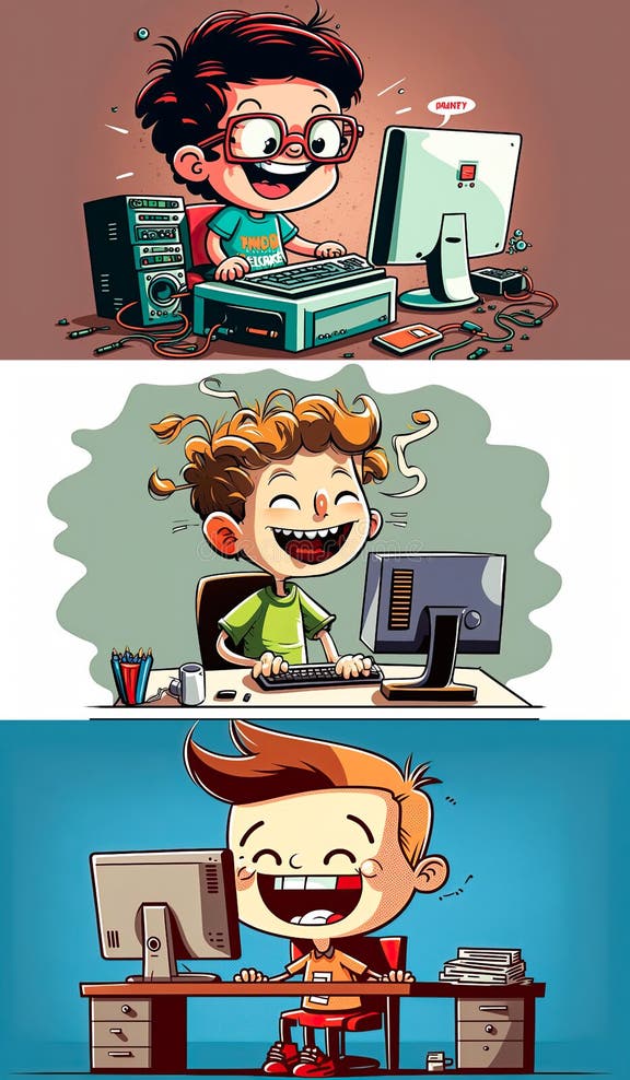 Happy Child Using Computer in 3 Cartoon Banner Set for Kid Coding ...