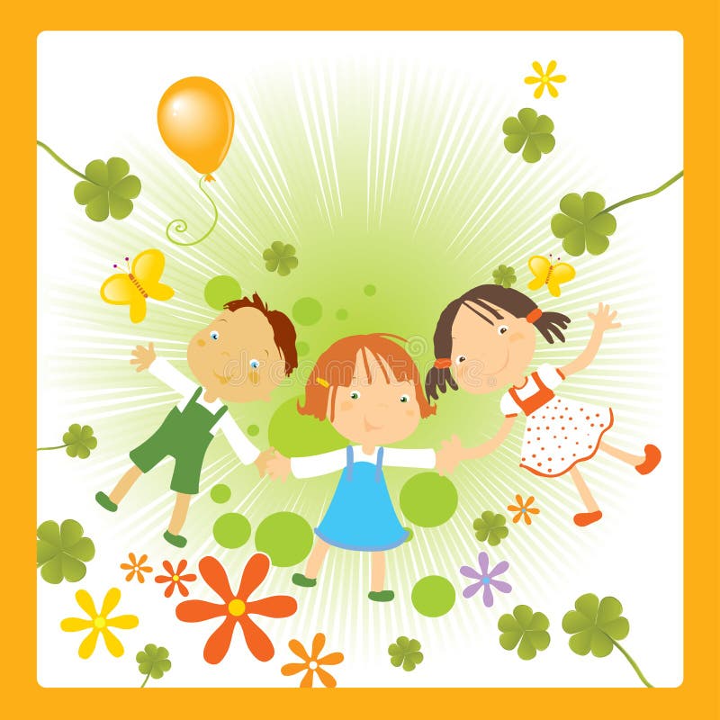 Happy Children Holding Hands on Blossom Meadow Stock Vector ...