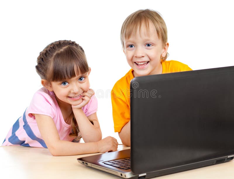 Happy Children Boy and Girl Using a Laptop Stock Image - Image of ...