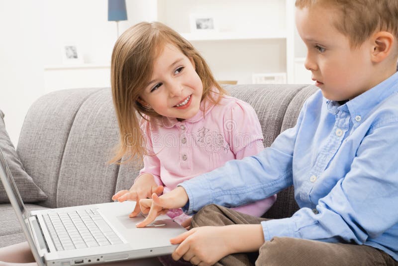 Happy Children Browsing Internet Stock Photo - Image of children, grey ...