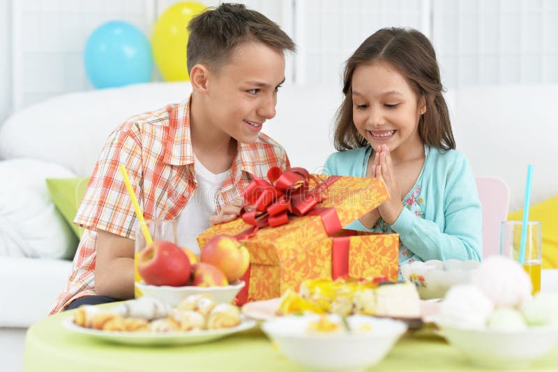 Happy children with cake stock image. Image of kids, gift - 73645089