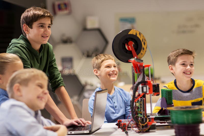 Happy Children with 3d Printer at Robotics School Stock Photo - Image ...