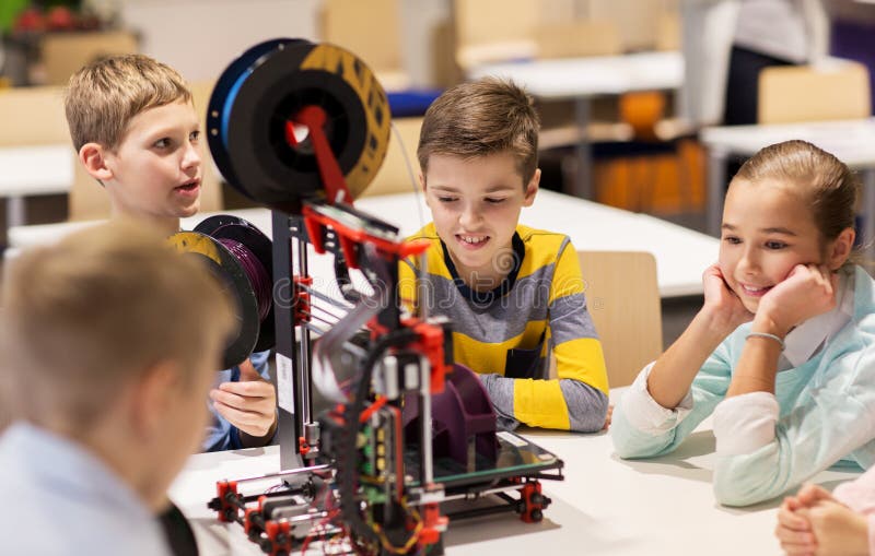 Happy Children with 3d Printer at Robotics School Stock Photo - Image ...