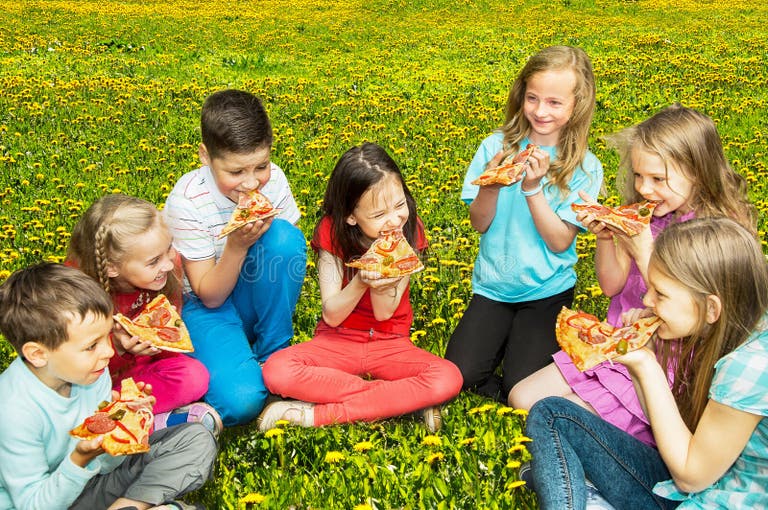 Happy Children Eating Pizza Outdoors Stock Photo - Image of italian ...