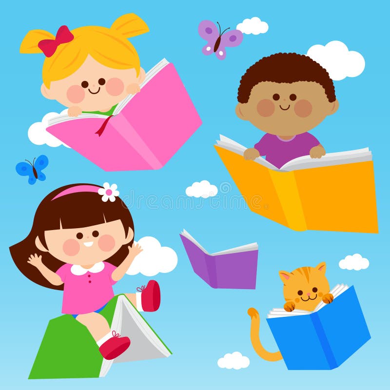 Happy Children Flying with Books in the Sky. Vector Illustration Stock ...